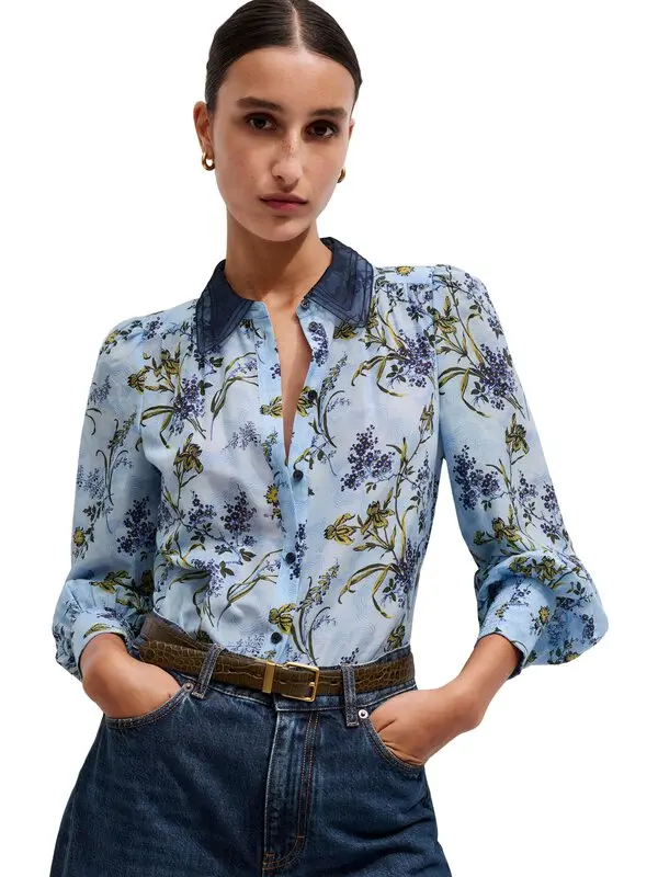 ME+EM Silk Cotton Floral Print Blouse - Blue/multi