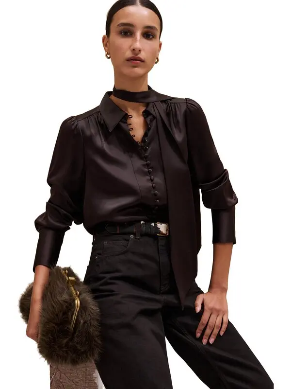 ME+EM Silk Satin Button Down Blouse With Tie - Ganache Brown