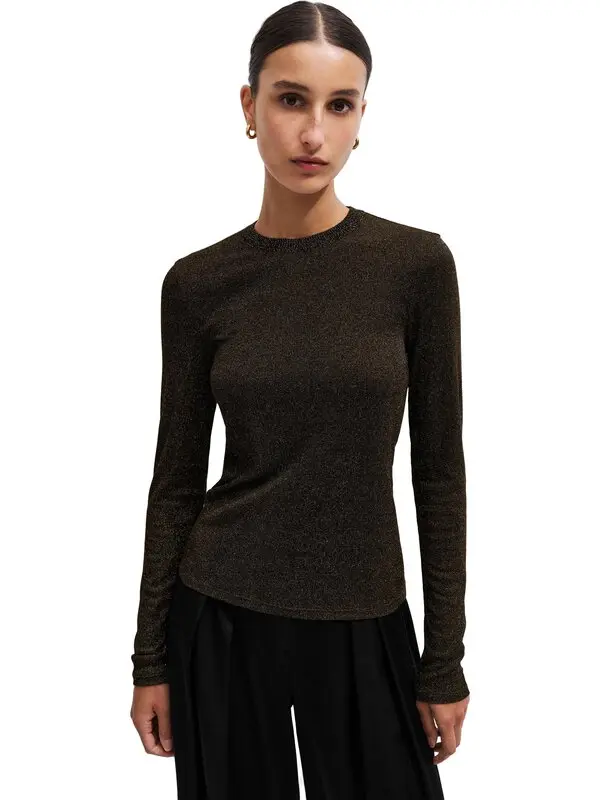 ME+EM Metallic Ribbed Long Sleeve Top - Black/gold