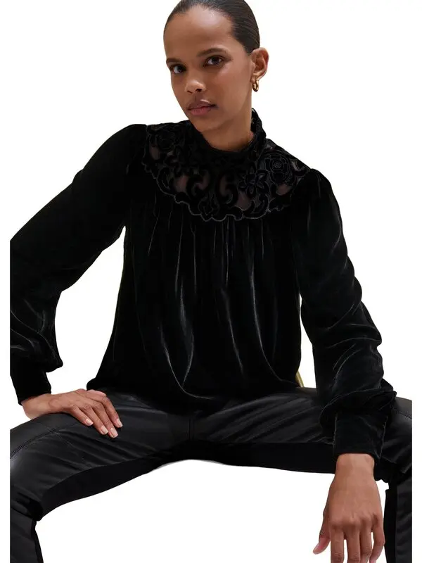 ME+EM Silk Blend Velvet Embroidered Top - Black