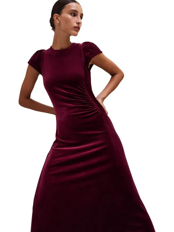 ME+EM Fluid Velour Draped Maxi Dress - Deep Ruby Red