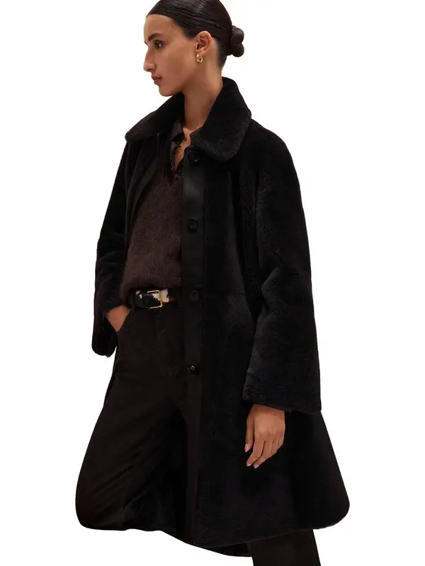ME+EM Shearling Leather Mix Swing Coat - Chocolate