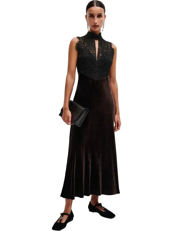 ME+EM Silk Blend Velvet Maxi Dress With Lace Panels - Double Espresso