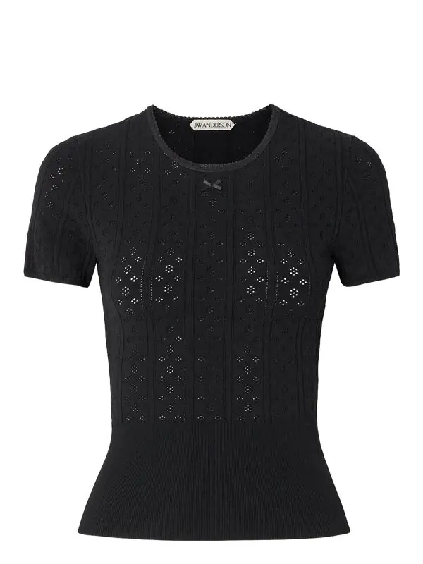 JW Anderson Bow-detailed Recycled Pointelle-knit T-shirt - Black