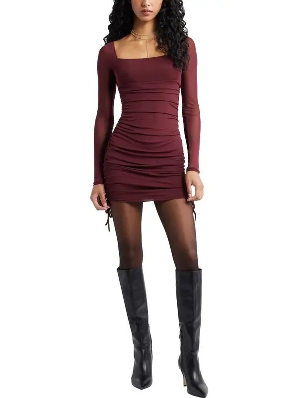 Bp. Ruched Mesh Minidress - Burgundy Tannin