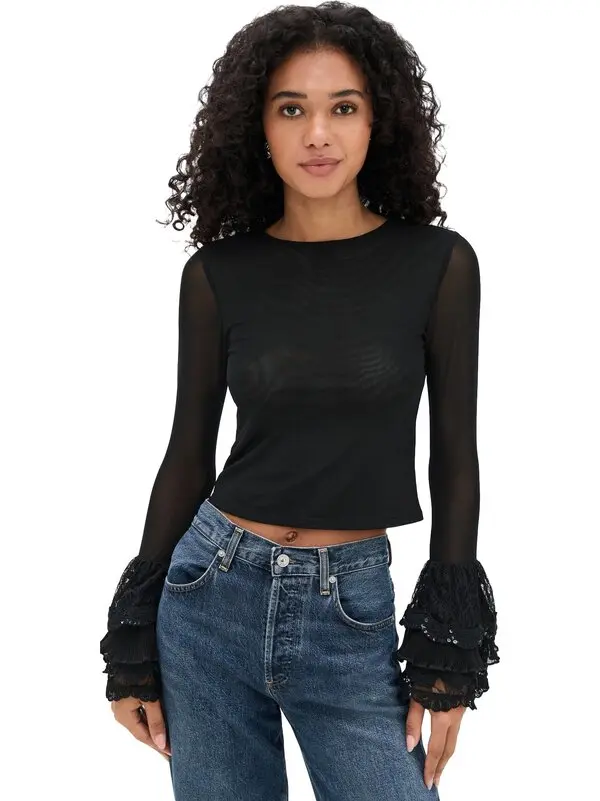 Alice + Olivia Delaina Crop Top With Ruffle Cuffs - Black