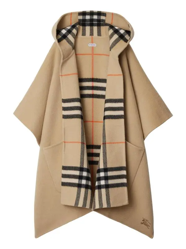 Burberry Cashmere Reversible Check Hooded Cape - Beige