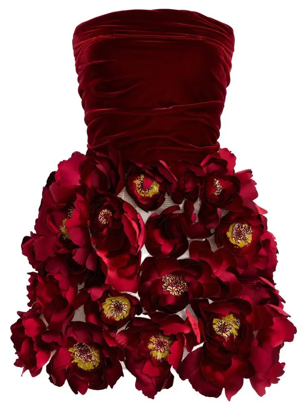 Oscar De La Renta Floral-appliquéd Velvet Mini Dress - Red