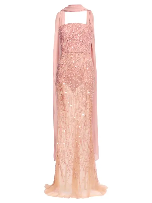 Elie Saab Scarf-detailed Bead-embroidered Maxi Dress - Pink
