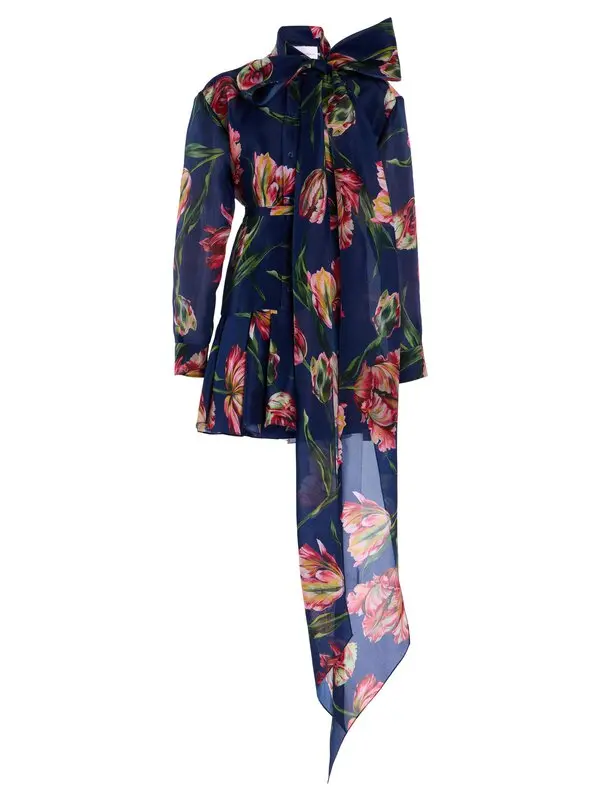 Carolina Herrera Tie-neck Silk Shirt Dress - Navy