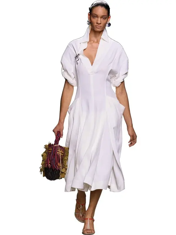 Bottega Veneta Viscose Linen Dress With Frog Brooch - White