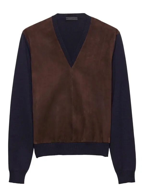 Prada Superfine Wool And Suede Sweater - Navy