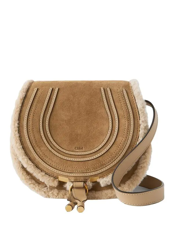 Chloé Marcie Shearling And Leather-trimmed Suede Shoulder Bag - Neutrals
