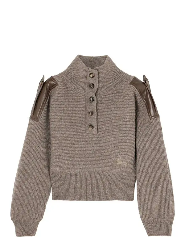 Burberry Leather-trimmed Ribbed Wool-blend Sweater - Brown