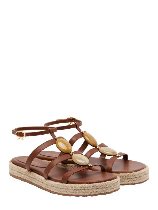 GIANVITO ROSSI Embellished Leather Espadrille Sandals - Brown