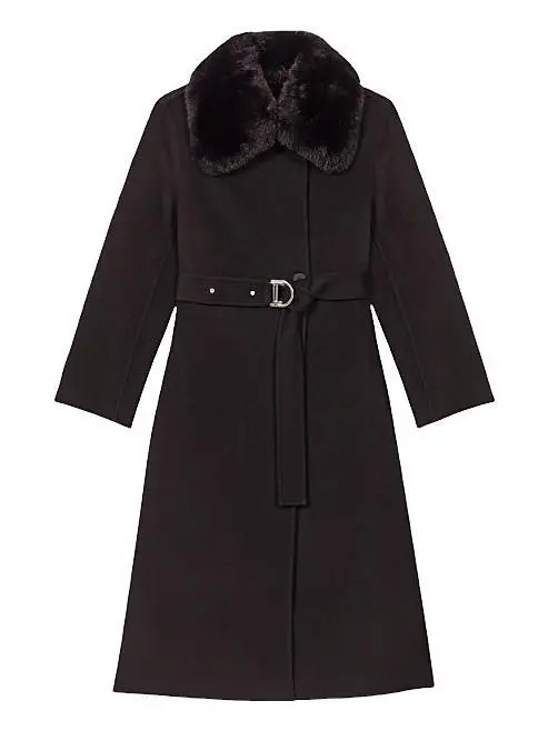 Maje Long Removable-collar Wool-blend Coat - Black