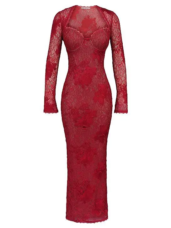 House Of Cb Floral-lace Maxi Dress With Bolero - Red