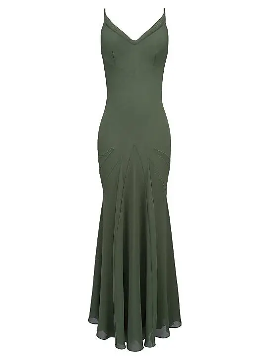 House Of Cb Georgette Panelled Woven Maxi Dress - Forest Green