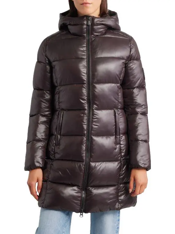 SAVE THE DUCK Ines Water Repellent Longline Puffer Jacket - Brown Black