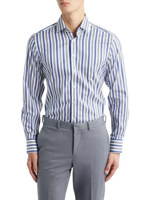 1863 BY ETERNA Slim Fit Stripe Non-iron Cotton Twill Dress Shirt - Blue Grey