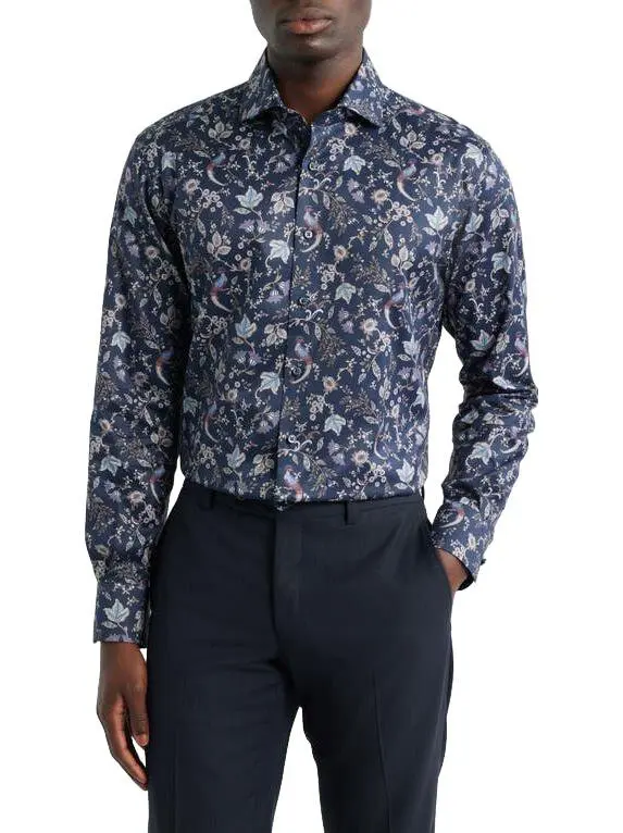 1863 BY ETERNA Modern Fit Floral Non-iron Cotton Twill Dress Shirt - Dark Blue