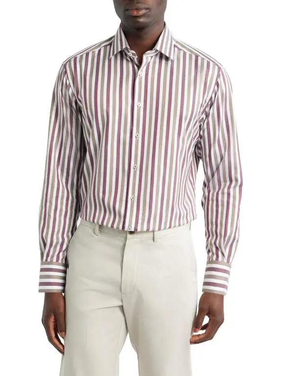 1863 BY ETERNA Modern Fit Stripe Non-iron Cotton Twill Dress Shirt - Red Grey
