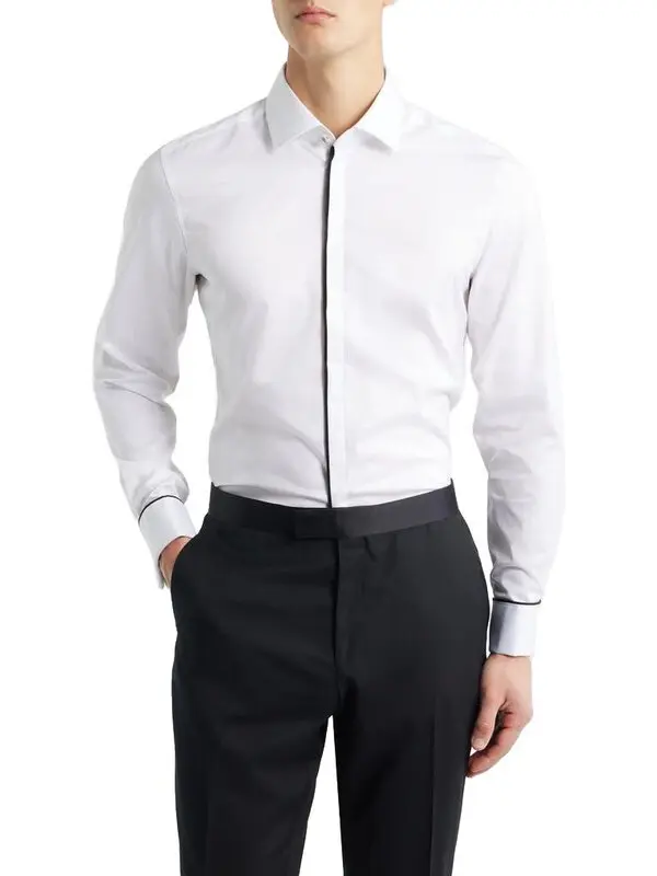 1863 BY ETERNA Slim Fit Non-iron Cotton Twill Tuxedo Shirt - White