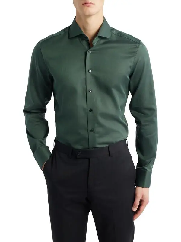 1863 BY ETERNA Slim Fit Solid Non-iron Cotton Dobby Dress Shirt - Dark Green