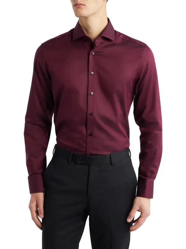 1863 BY ETERNA Slim Fit Solid Non-iron Cotton Dobby Dress Shirt - Dark Red