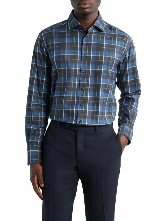 1863 BY ETERNA Modern Fit Plaid Non-iron Cotton Twill Dress Shirt - Dark Blue