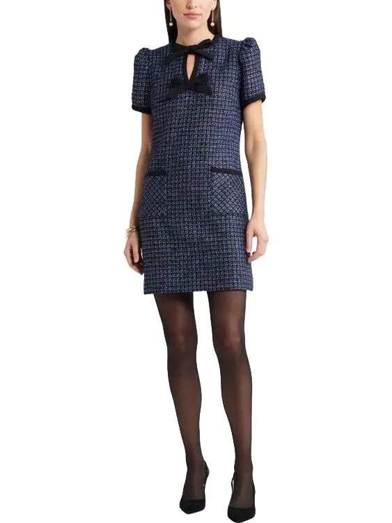Caslon Double Tie Neck Tweed Mini Dress - Navy- Blue Tweed