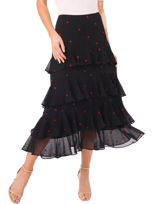 CECE DUPRAZ Embroidered Heart Ruffle Tiered Midi Dress - Rich Black