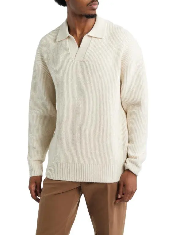 OPEN EDIT Johnny Collar Polo Sweater - Beige Oatmeal Light Heather