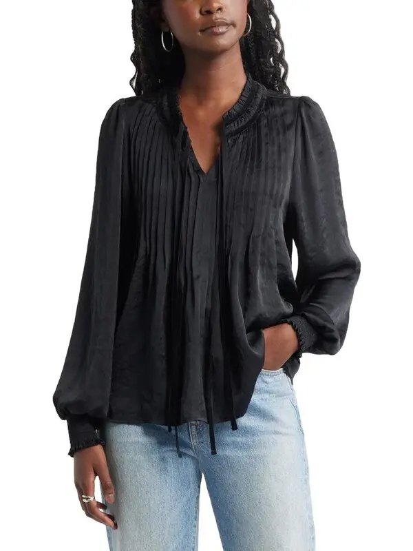 Treasure & Bond Pintuck Satin Top - Black
