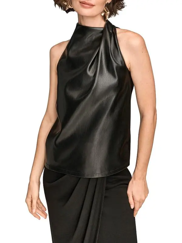Donna Karan New York Mixed Media Sleeveless Faux Leather Top - Black