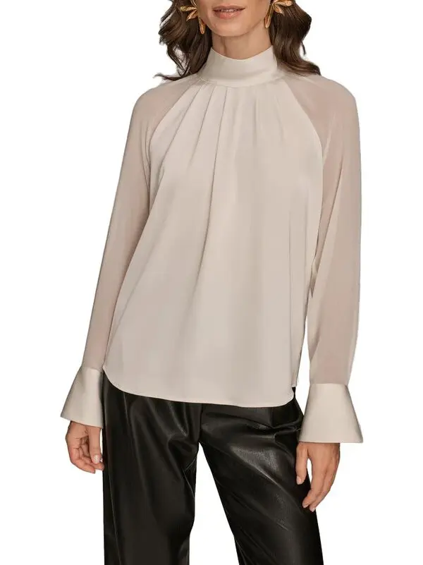 Donna Karan New York Pleated Sheer Sleeve Top - Ivory