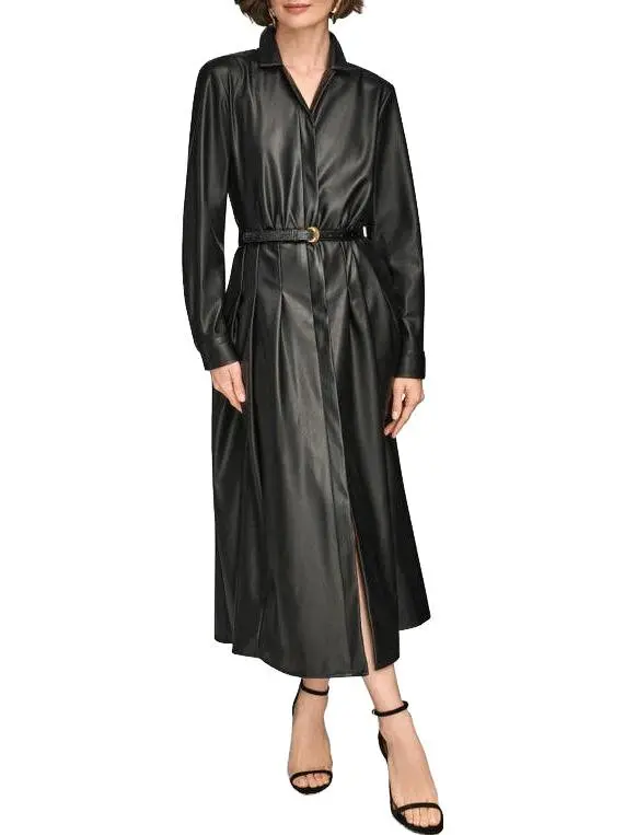 Donna Karan New York Faux Leather Pleated Long Sleeve Dress - Black
