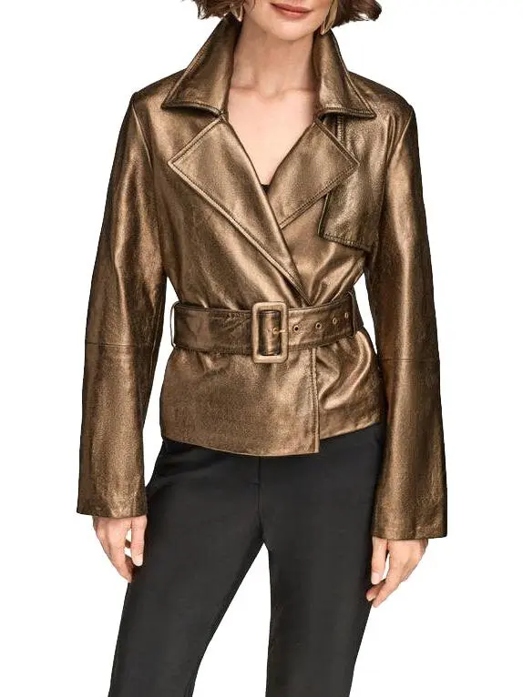 Donna Karan New York Metallic Leather Belted Moto Jacket - Dark Copper
