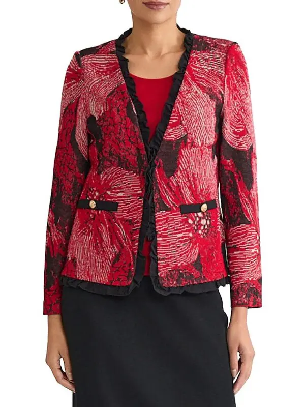 Ming Wang Floral Jacquard Ruffle Trim Jacket - Holiday/twig/black