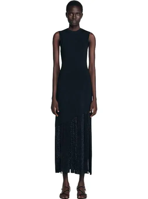 Sandro Fringed Maxi Knit Dress - Black