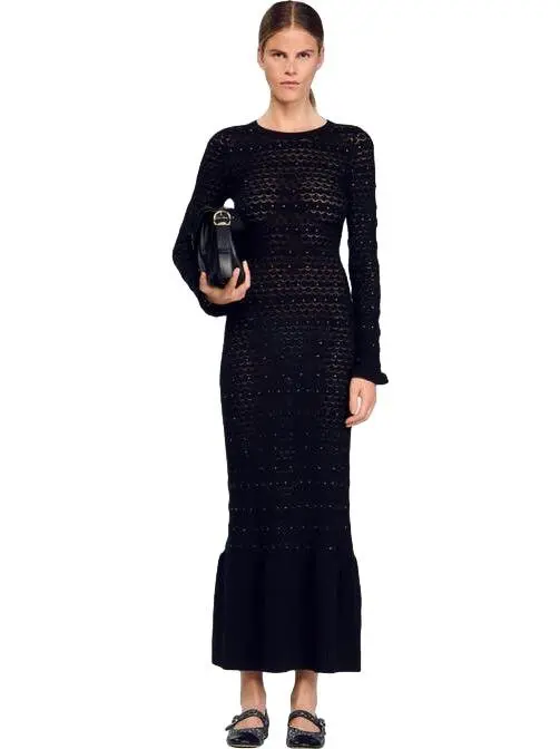 Sandro Rhinestone Knit Maxi Dress - Black