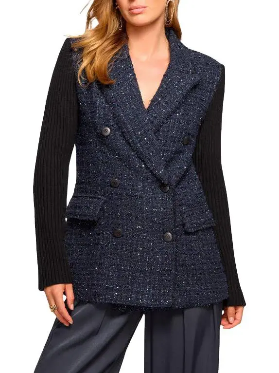 Ramy Brook Elsa Rib Sleeve Tweed Blazer - Navy Tweed