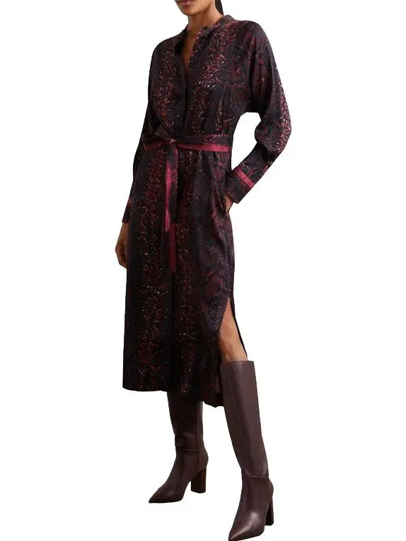 REISS Daria Print Tie Waist Maxi Dress - Burgundy/black