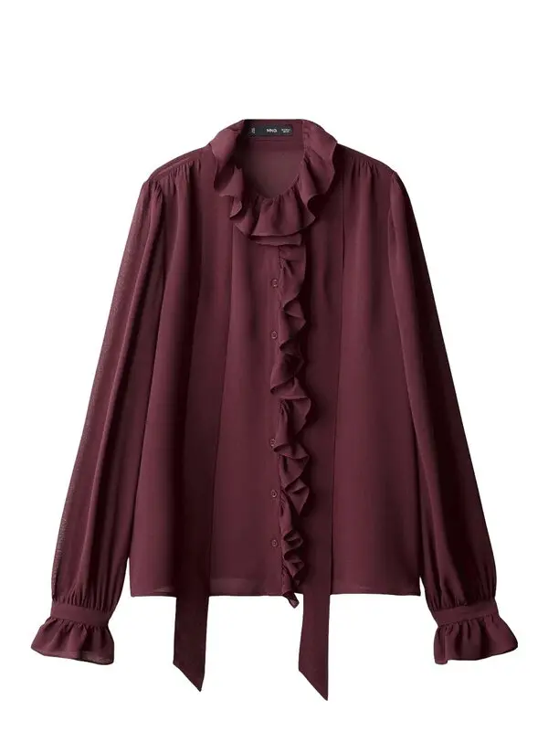 Mango Ruffle Front Button Down Shirt - Burgundy