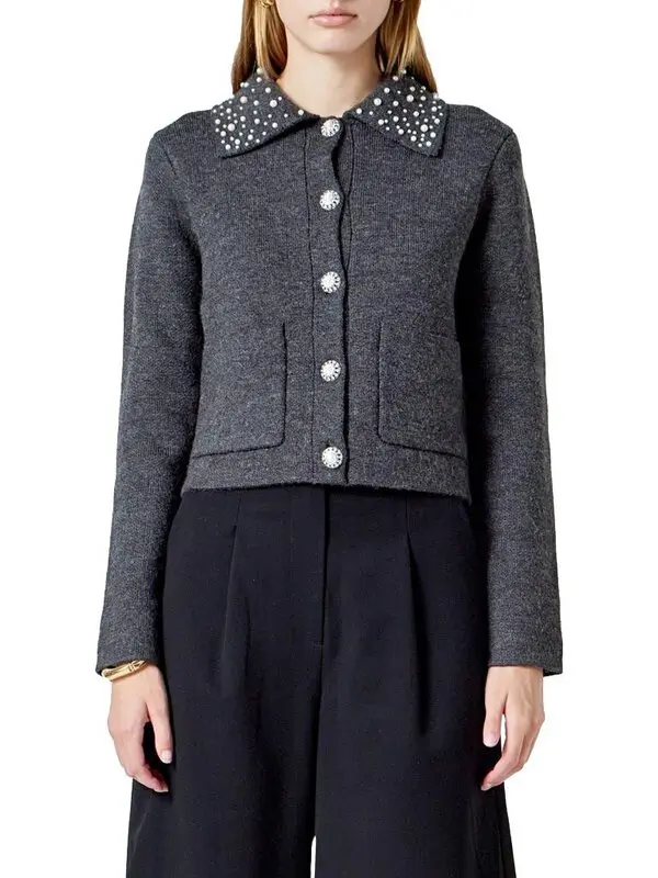 Endless Rose Embellished Collar Cardigan - Dark Grey