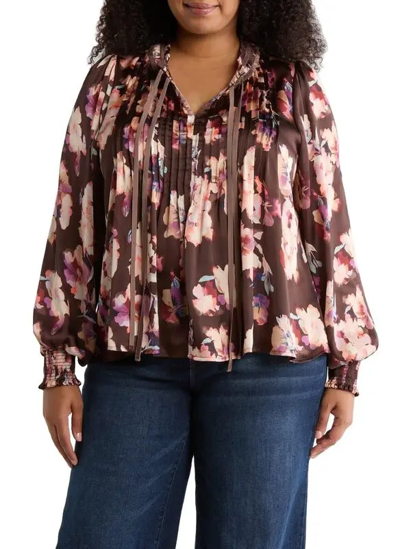 Treasure & Bond Pintuck Satin Top - Brown Flower Wash