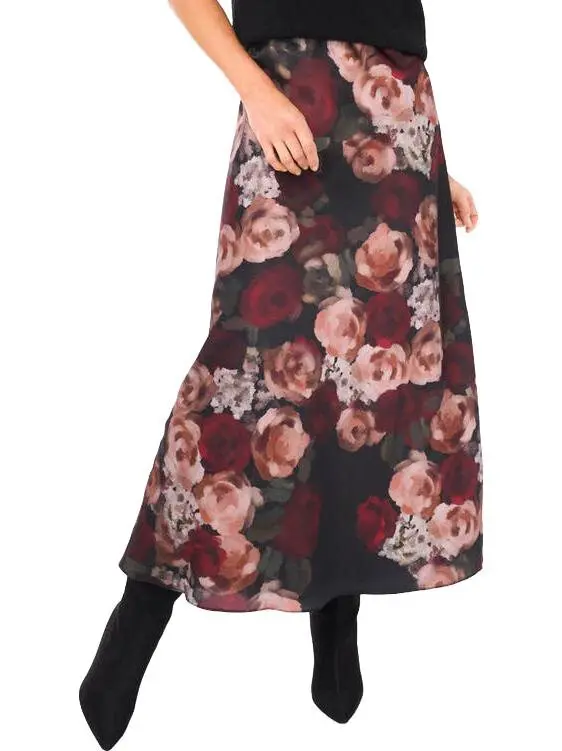Halogen Floral Charmeuse Midi Skirt - Rich Black