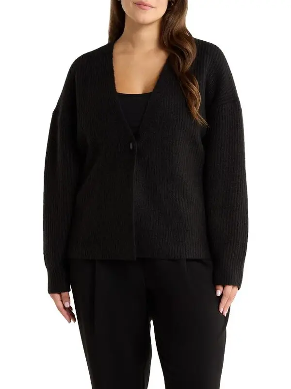 Nordstrom One-button Ribbed V-neck Cardigan - Black Rock