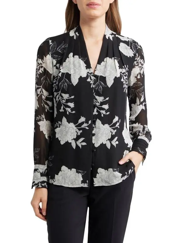 Anne Klein Floral Print Pleated Shirt - Black Multi/black