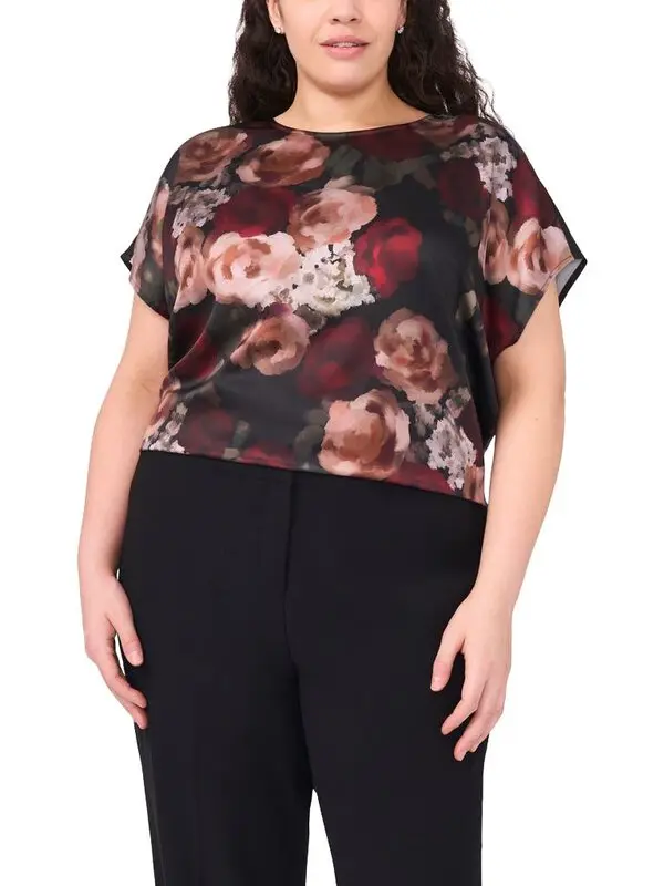 Halogen Floral Cap-sleeve Top - Rich Black